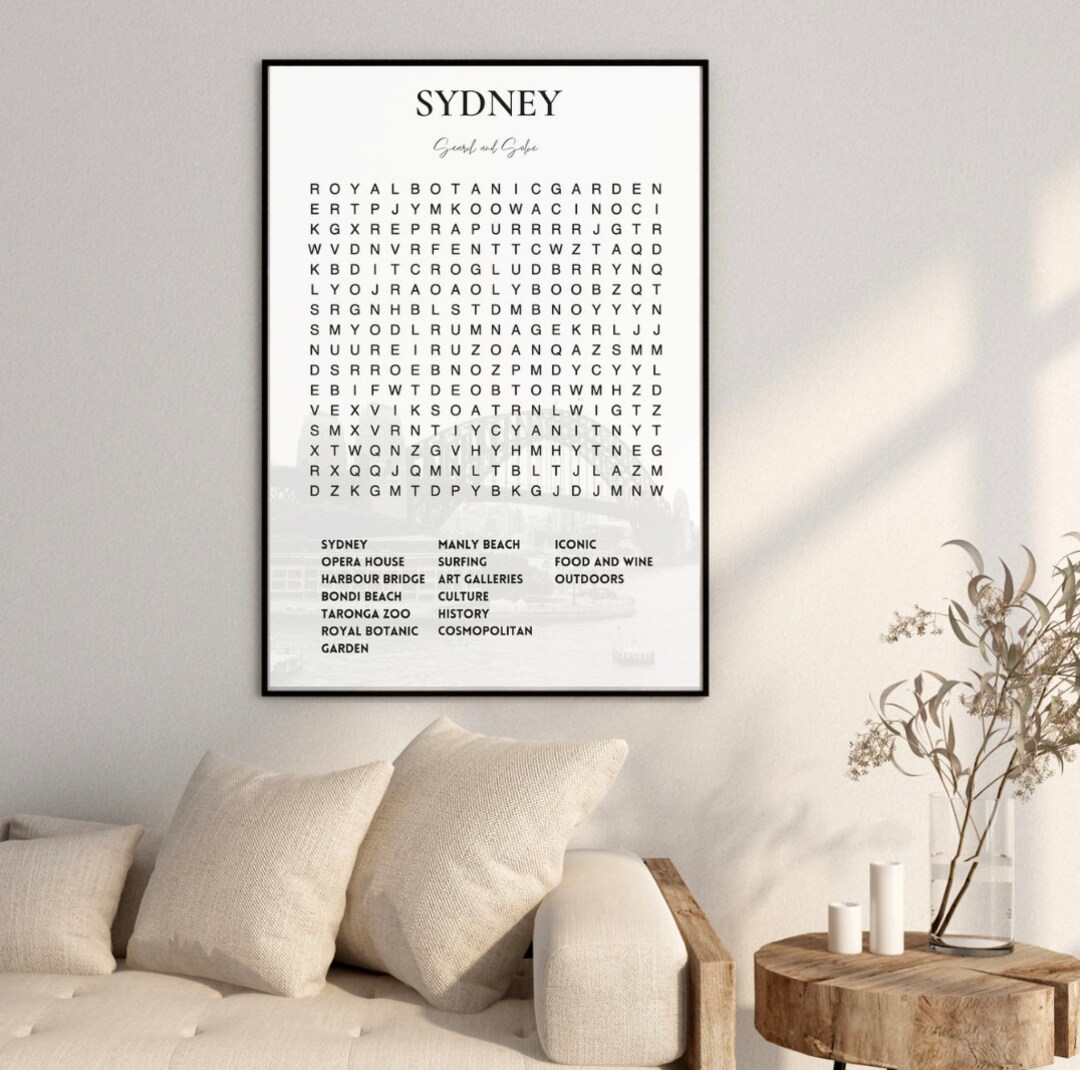 Sydney, Australia Word Search Wall Art - Unique & Decorative Puzzle ...