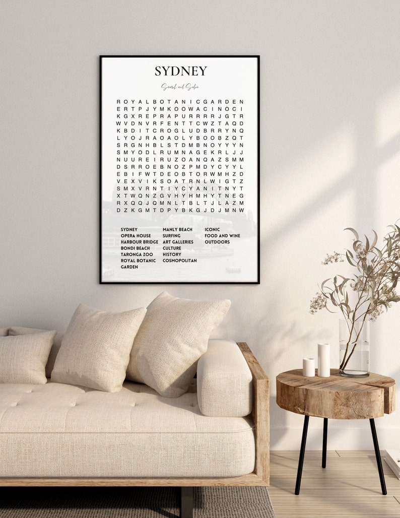 Sydney, Australia Word Search Wall Art - Unique & Decorative Puzzle ...