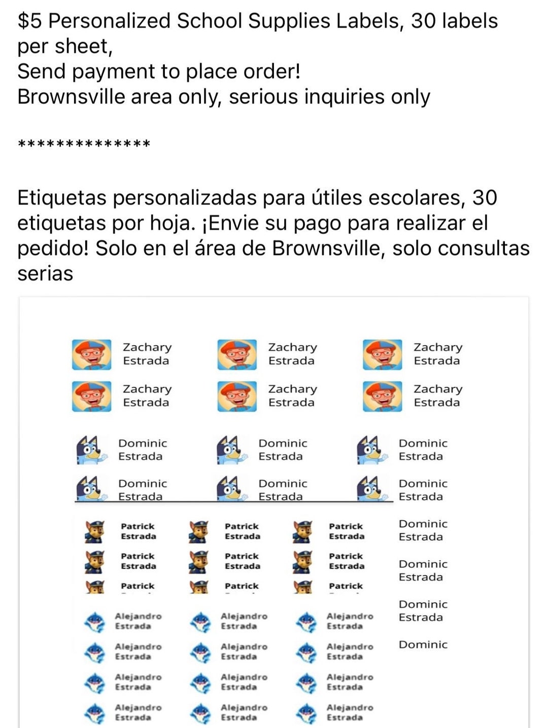 Personalized Labels School Supplies / Etiquetas Personalizadas Para ...