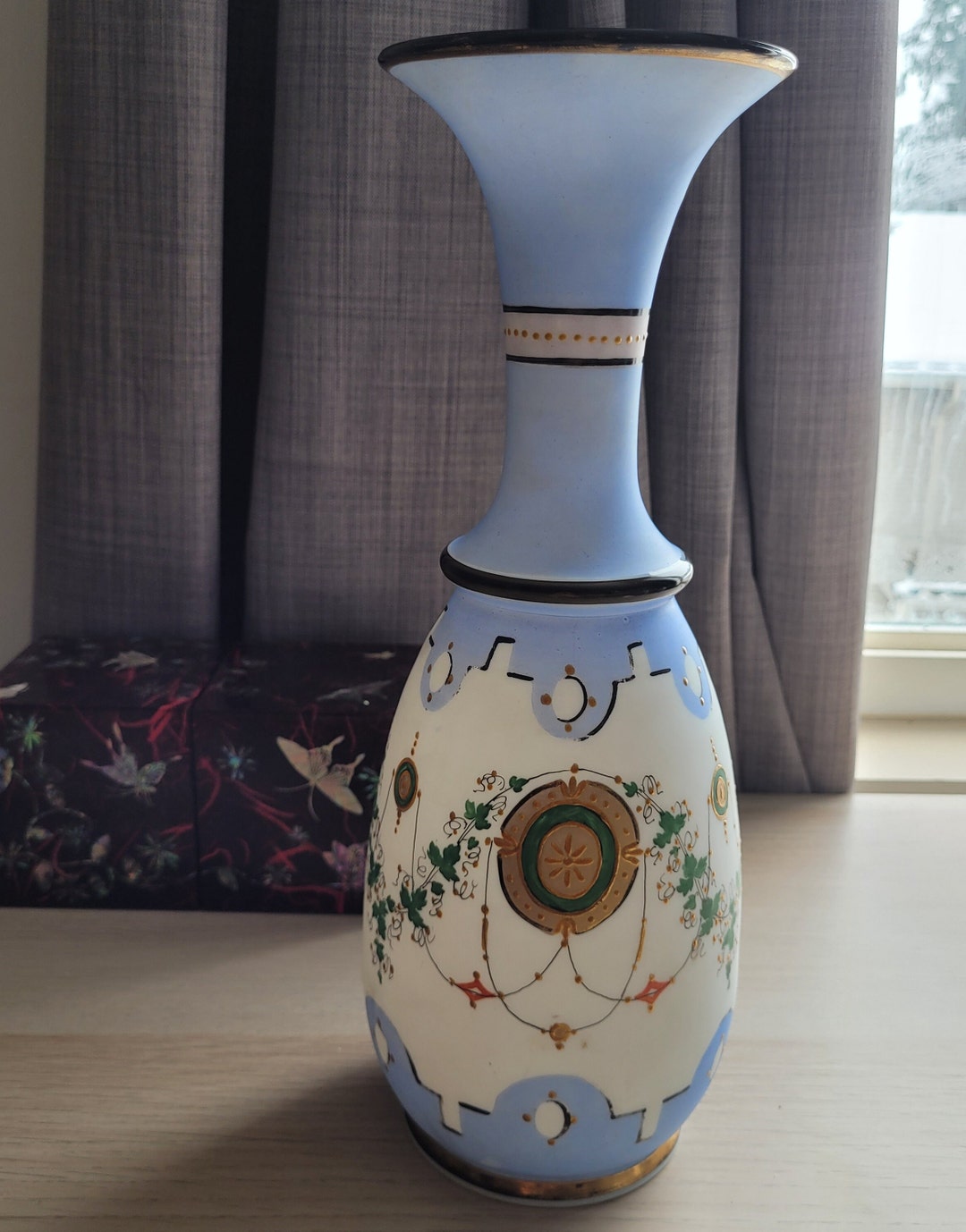 Tall Elegant Bristol Glass Vase, Blue, Hand Enameled Garland Flowers ...