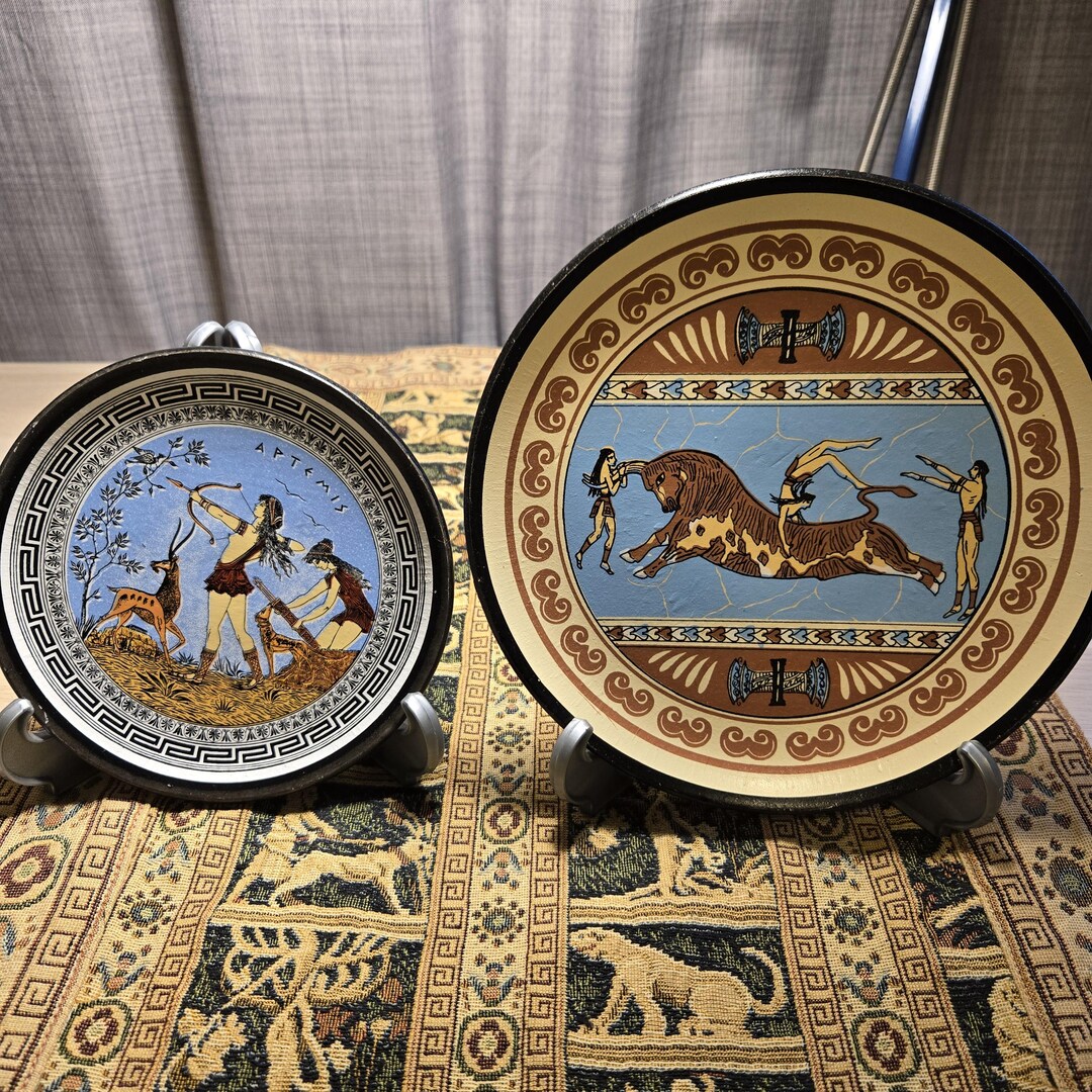 Vintage Greek Mythology Plate Set: Artemis & Bull-leaping Wall Decor - Etsy