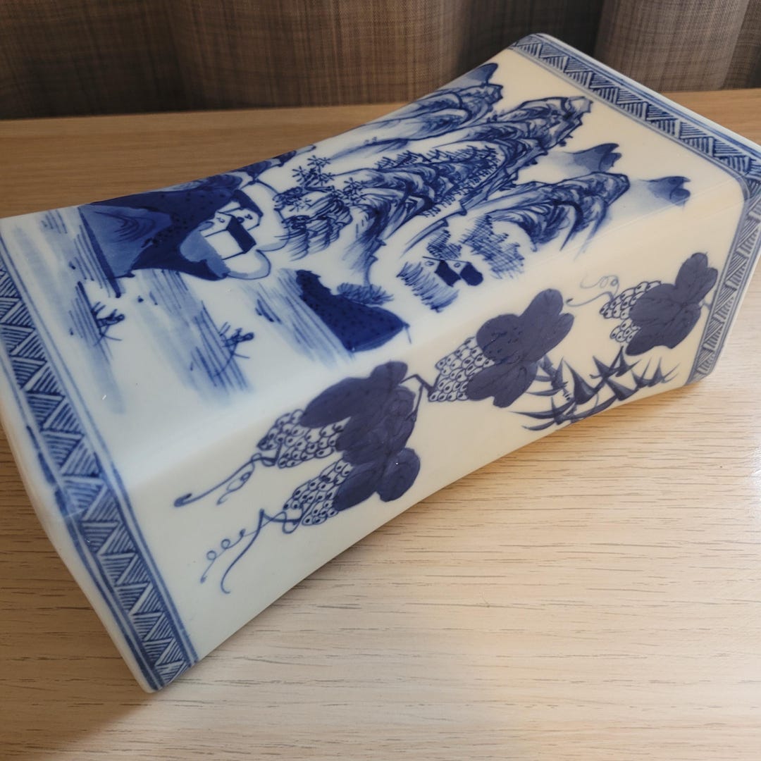 Vintage Chinese Ceramic Pillow in Qinghua Blue and White With Landscape ...