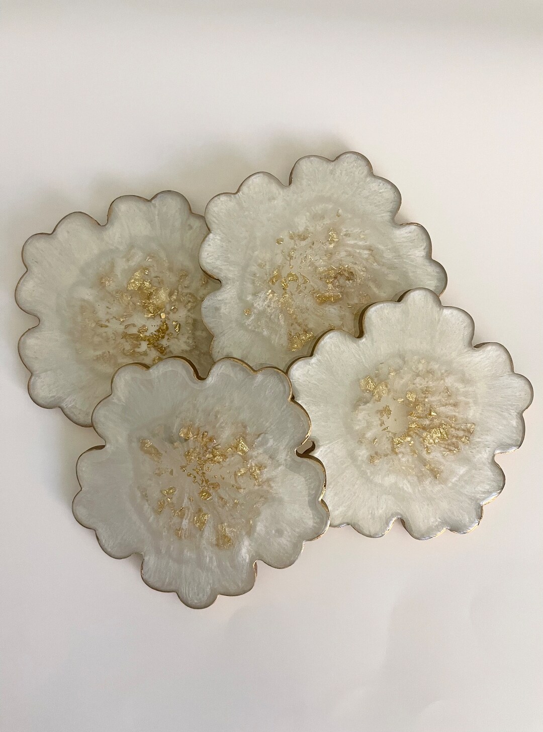 White Resin Flower Coasters With Gold Rim, Handmade Resin Coasters ...