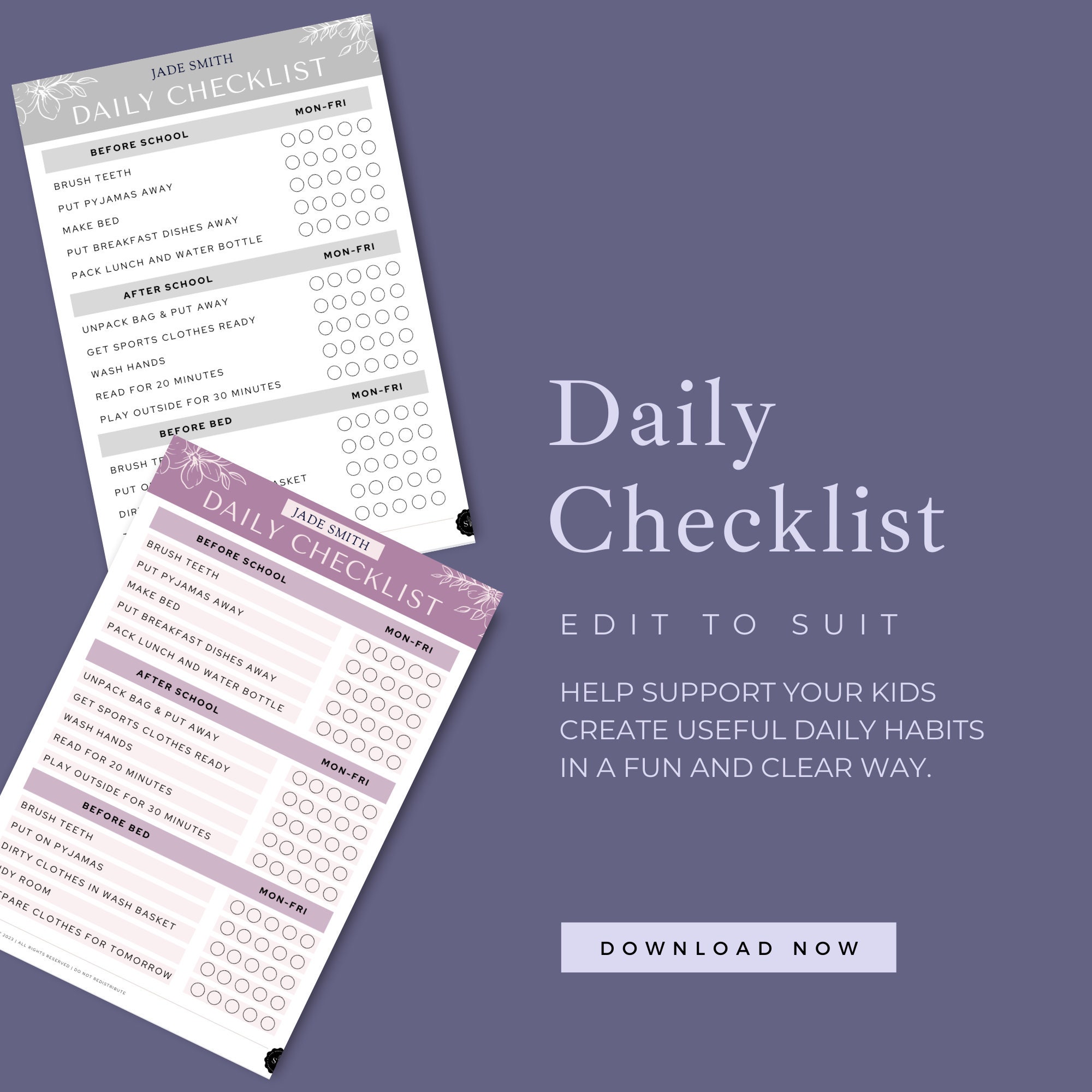 Editable Kids Checklist Chore List Daily Habit Tracker INSTANT DOWNLOAD ...