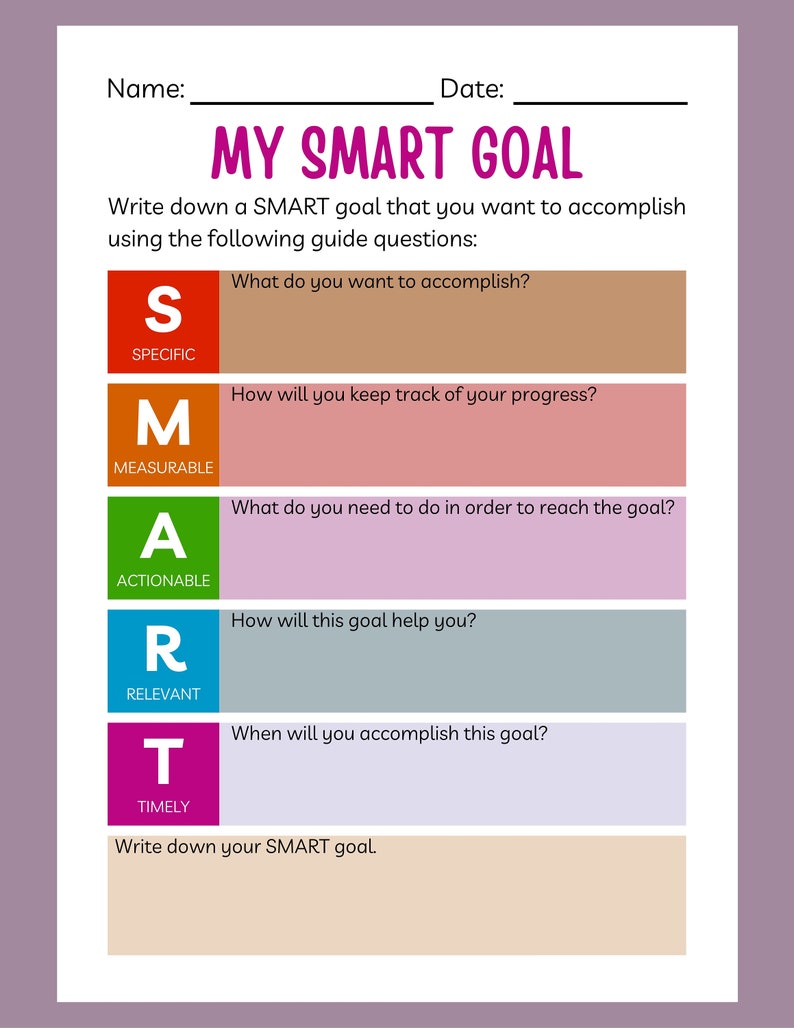 Printable SMART Goals Worksheet for Students Back to School Goal ...