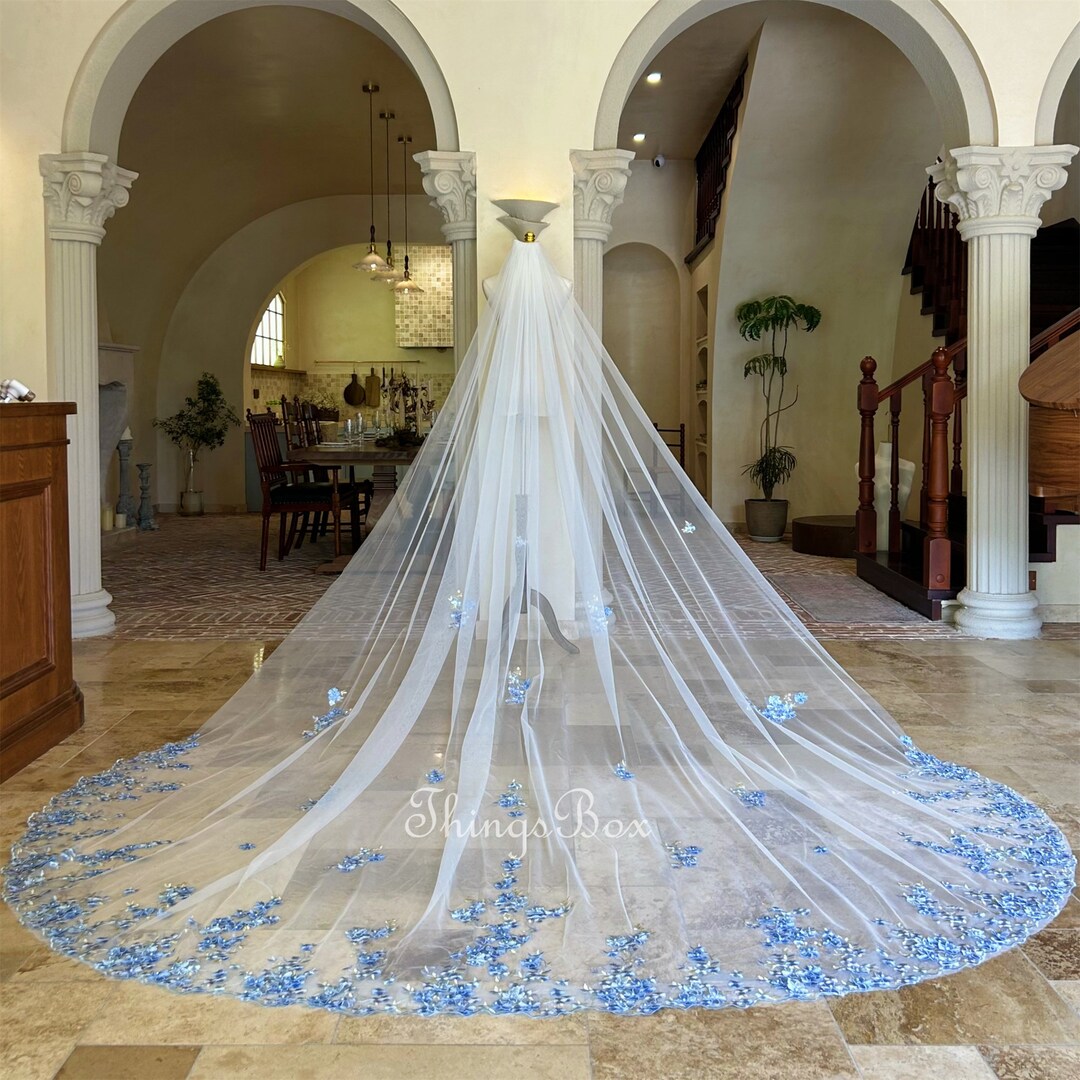 Blue Floral Lace Veil Bridal Veil Pearl Floral, Gold Embroidery Lace ...