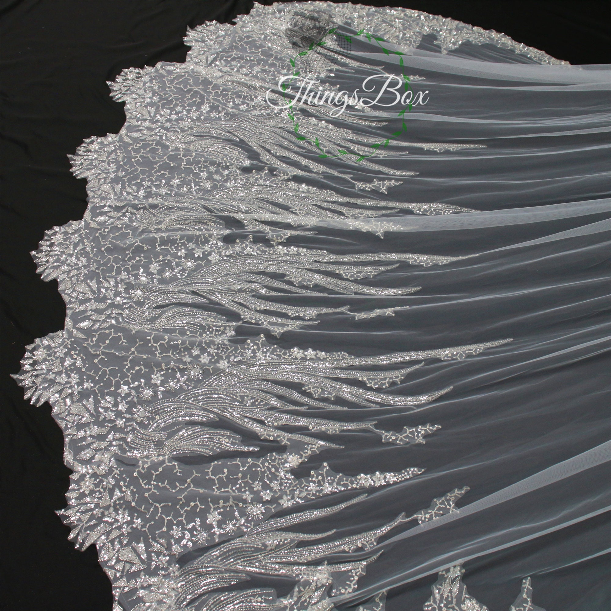 Seaweed Pattern Silver Beaded Lace Wedding Veil Comb Veil,sequined Veil Luxury Beads Veil Chapel ...