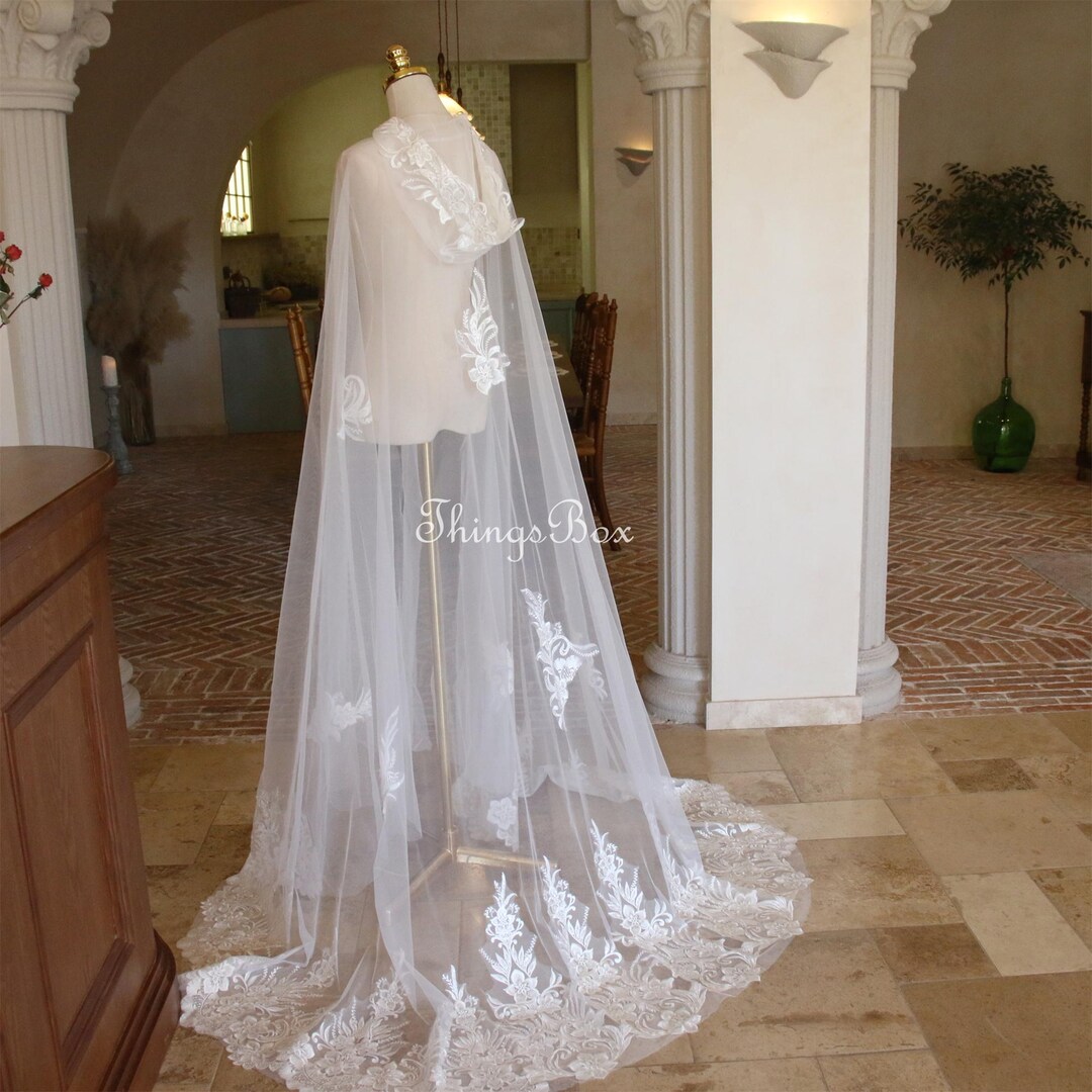 Cape Veil Shawl Cloak Veil, Classic Lace Floor Length Veil Wedding Veil ...