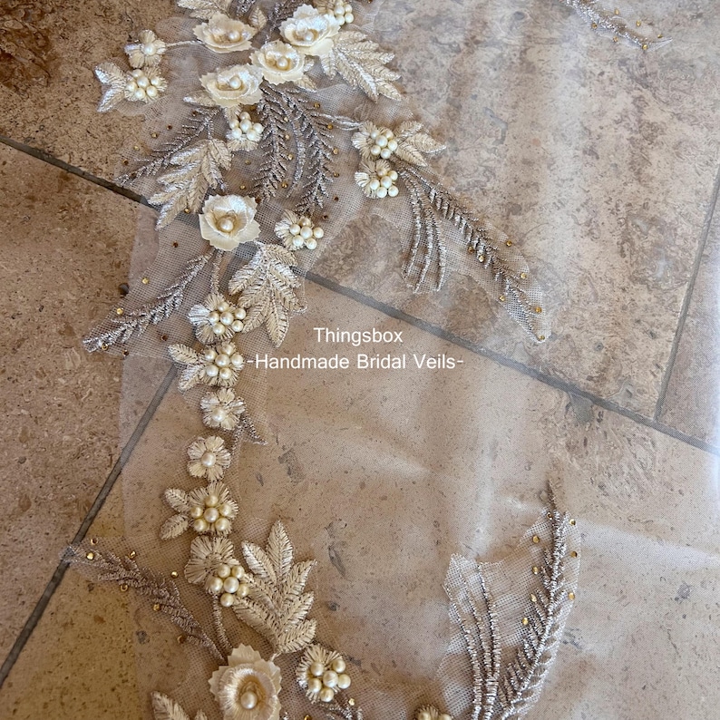 Champagne Lace 3D Flower Lace Veil Pearl Flowery Bridal Veil, Cathedral ...