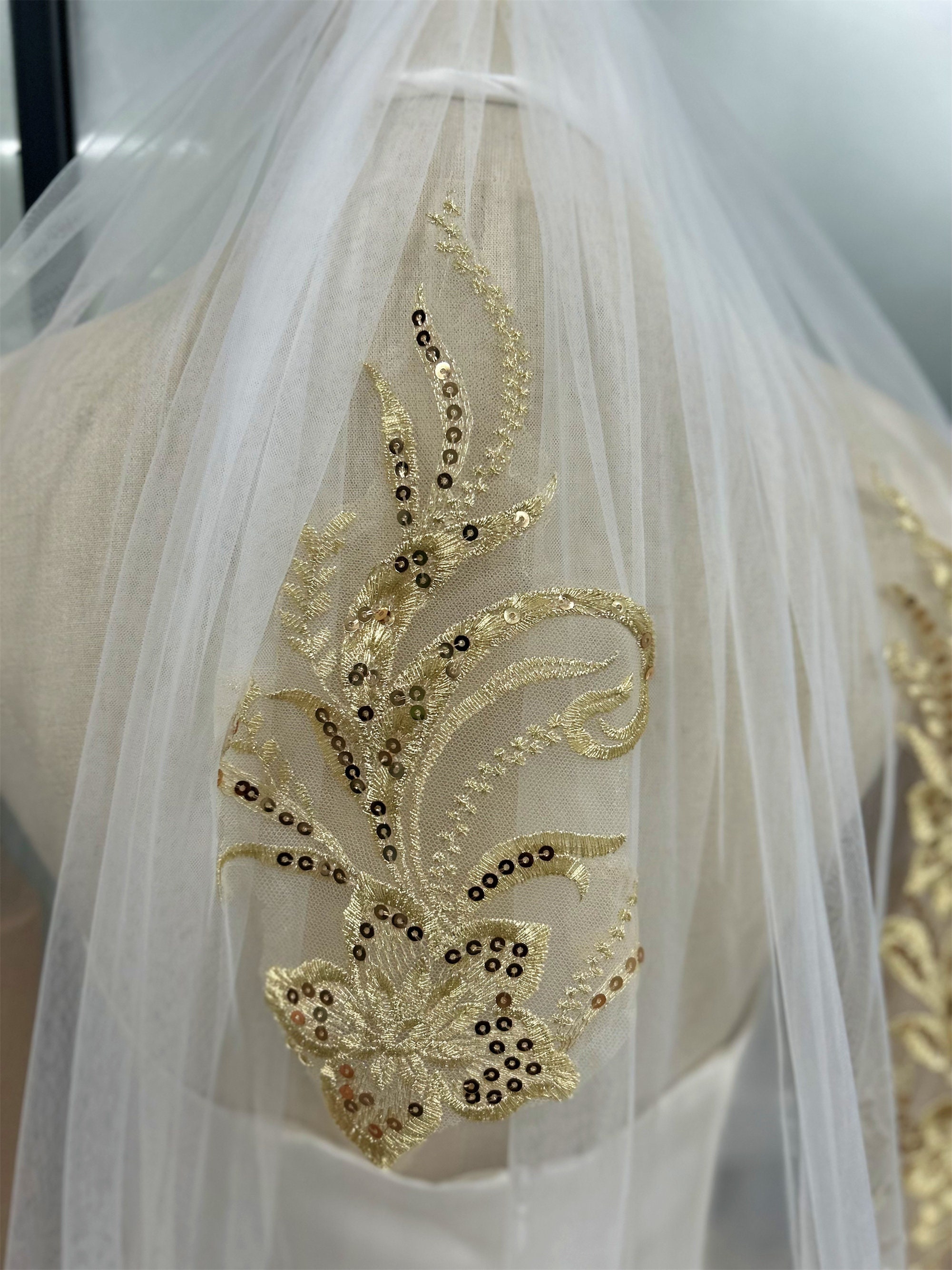 Gold Lace Applique Wedding Veil, Sequined Lace Bridal Veils, Gold Lace ...