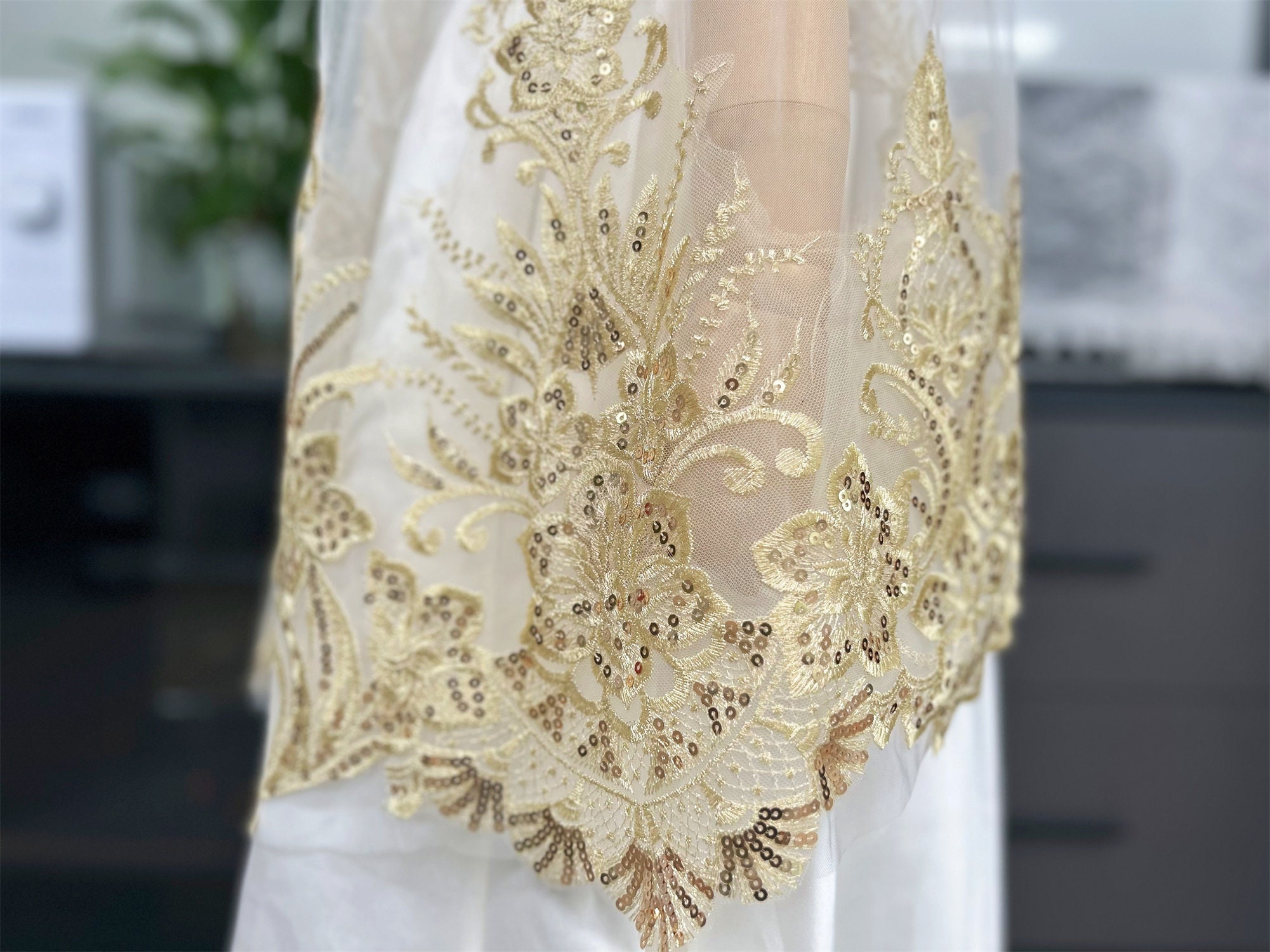 Gold Lace Applique Wedding Veil, Sequined Lace Bridal Veils, Gold Lace ...