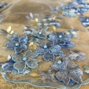 Blue Floral Lace Veil Bridal Veil Pearl Floral, Gold Embroidery Lace ...