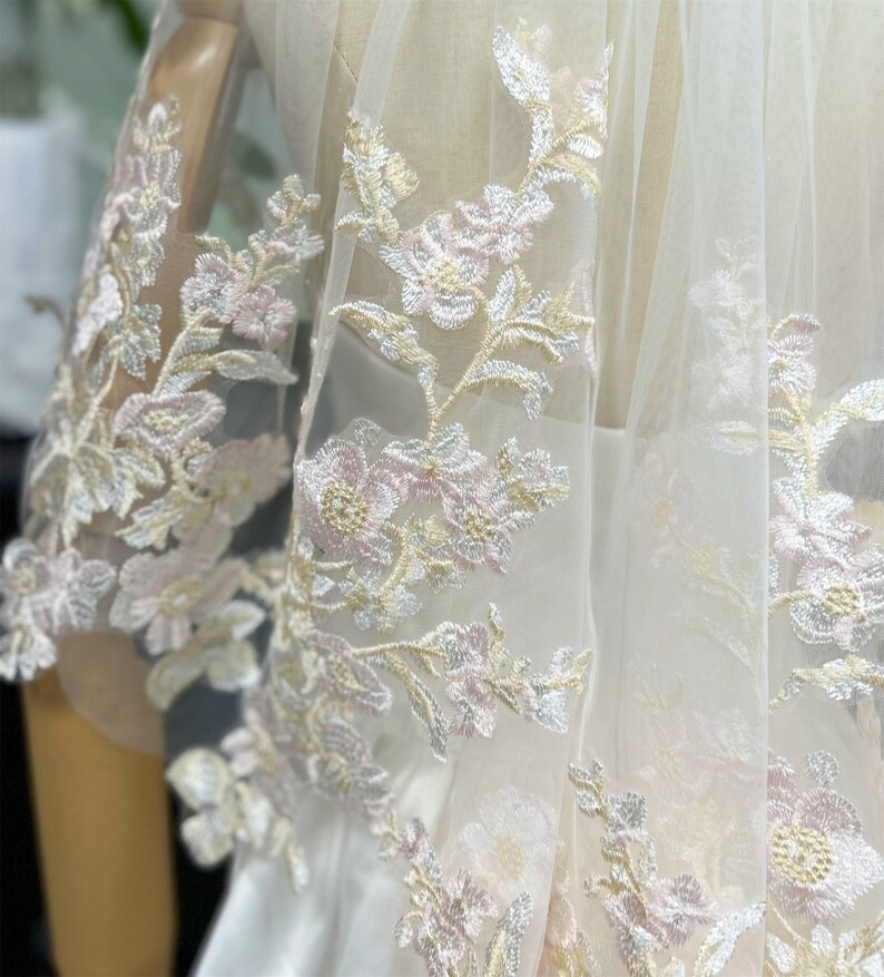 Pink Yellow Flowers Lace Applique Wedding Veil, Tulle Bridal Veils Short, Floral Elbow Veil ...