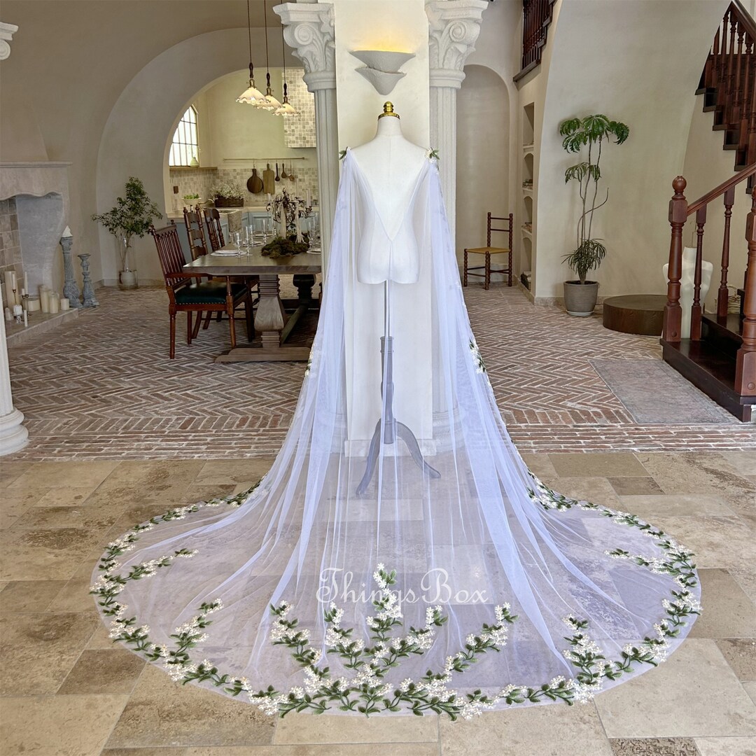 Green Leaves Lace Wedding Veil Cape Daisy Floral Shawl Veil Chapel ...
