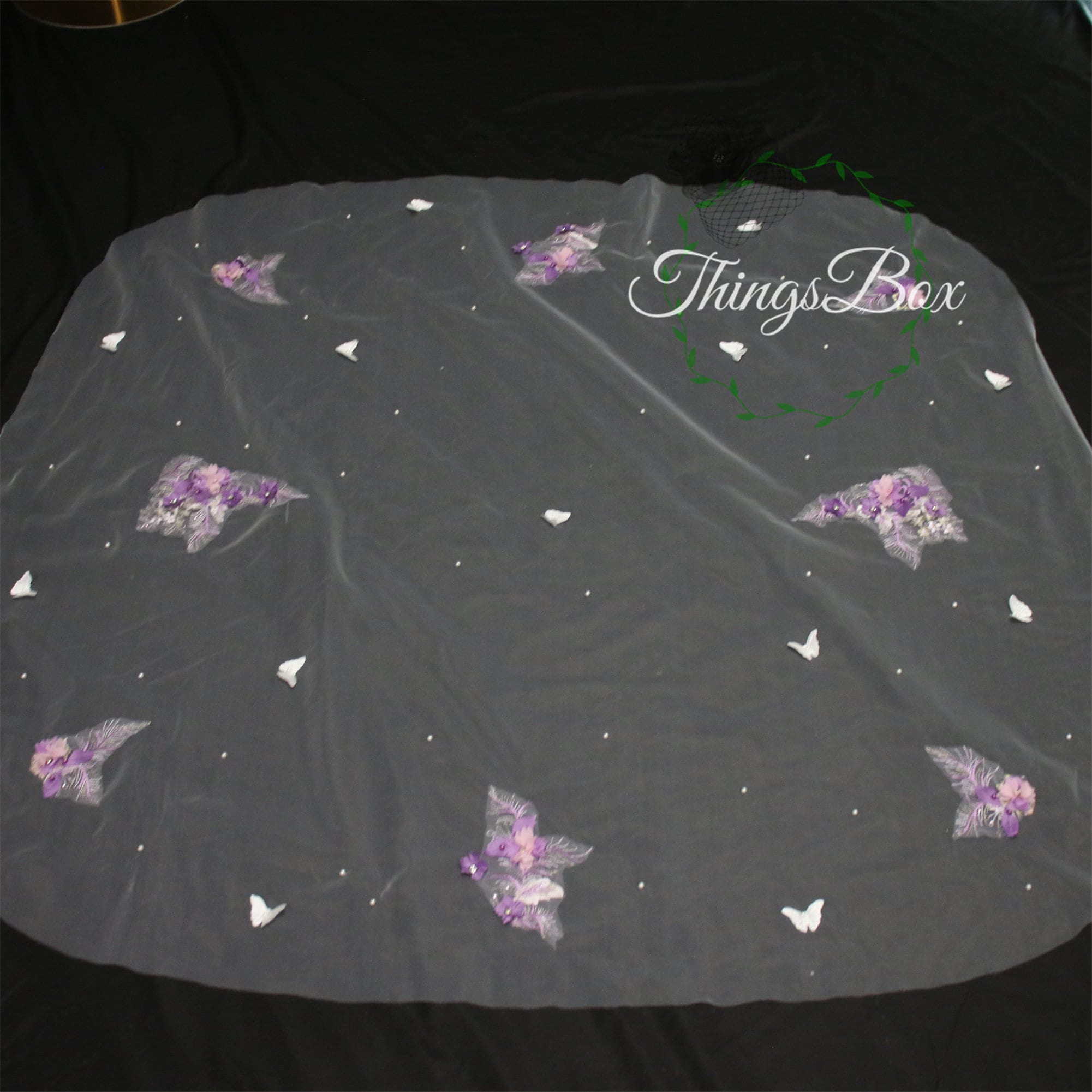 Purple Flowers Lace Short Wedding Veil, Crystal Pearl Tulle Veil Waltz ...