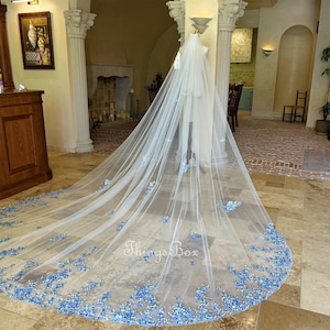 Blue Floral Lace Veil Bridal Veil Pearl Floral, Gold Embroidery Lace ...
