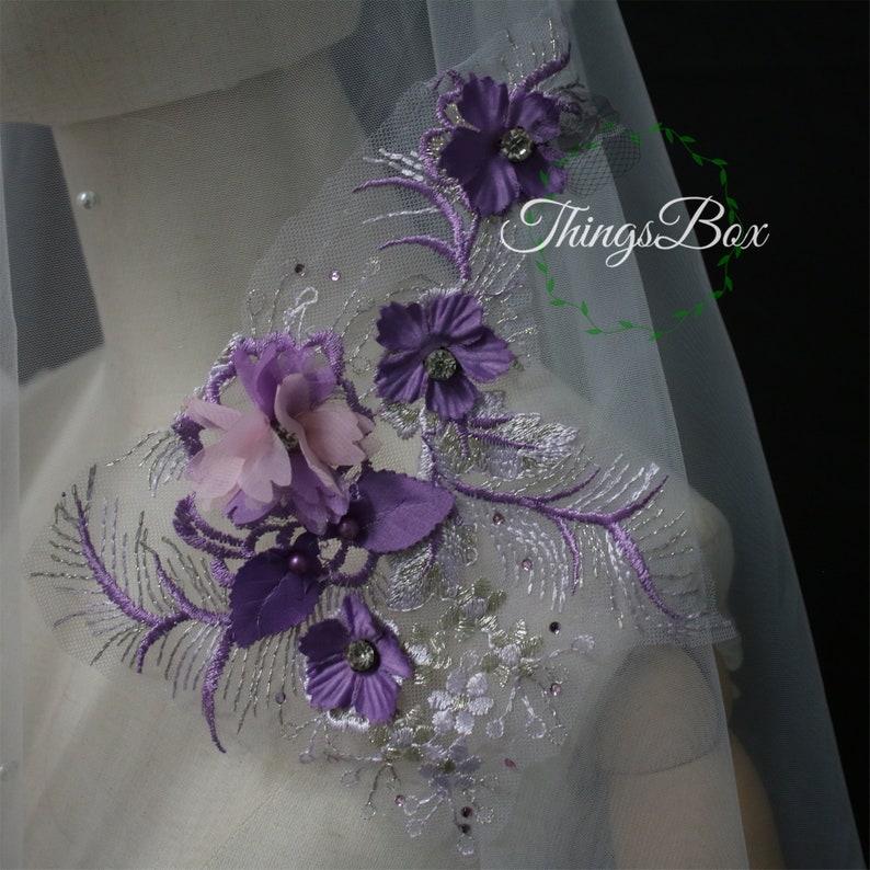 Purple Flowers Lace Short Wedding Veil, Crystal Pearl Tulle Veil Waltz ...