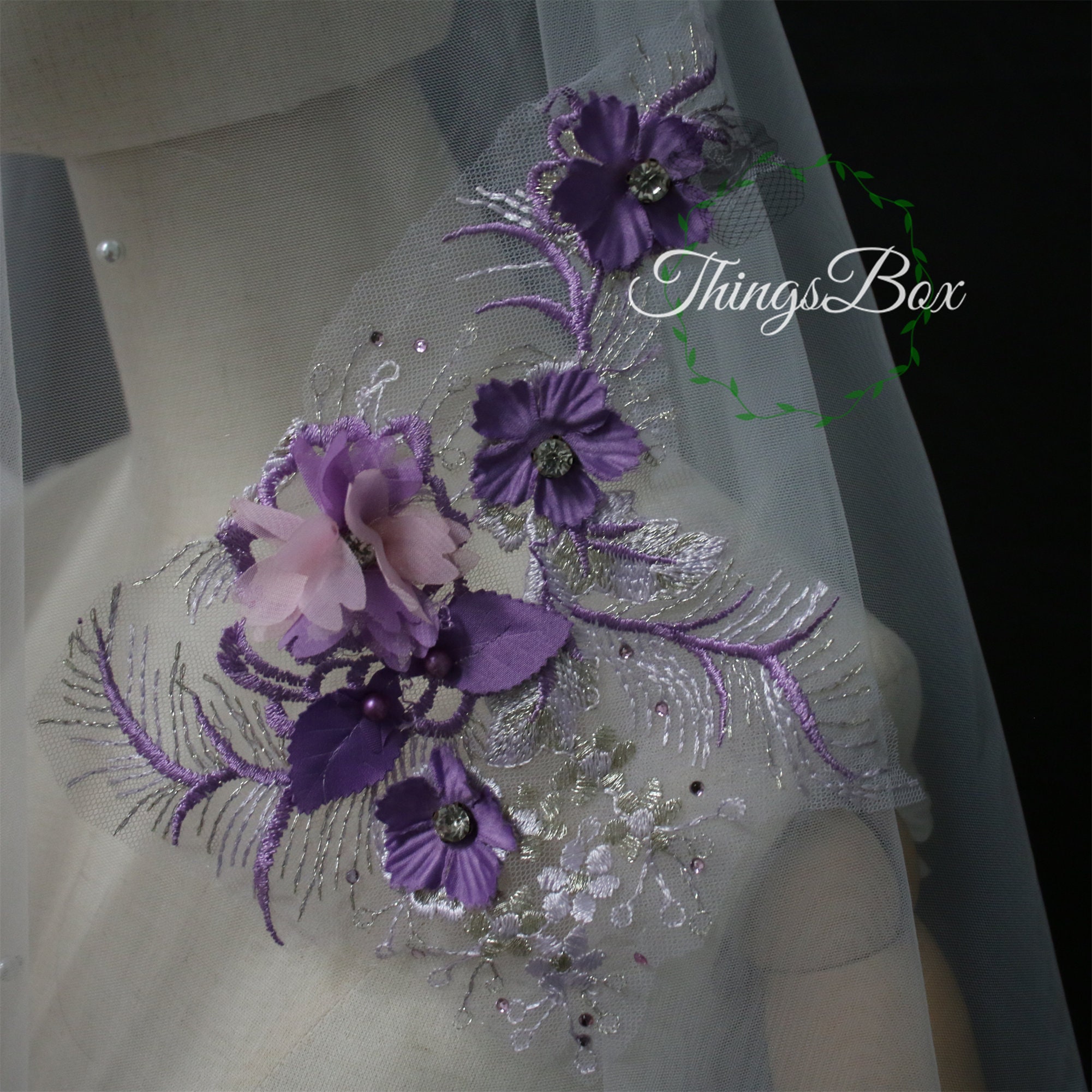 Purple Flowers Lace Short Wedding Veil, Crystal Pearl Tulle Veil Waltz ...
