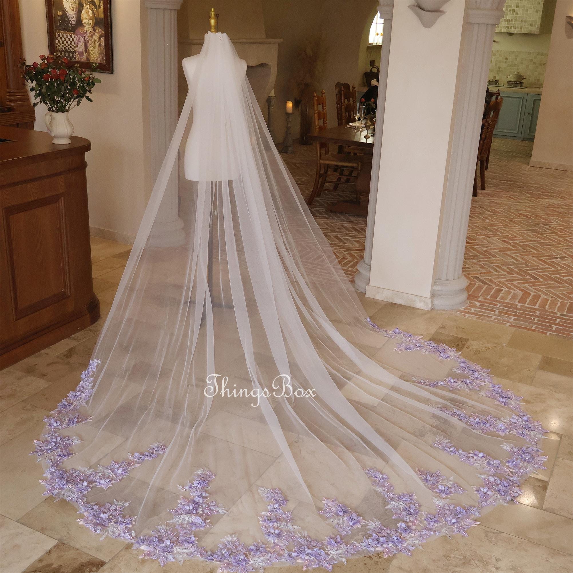 Lavender Flower Lace Veil Rhinestone Crystal Veil Pearl Flowery Bridal ...