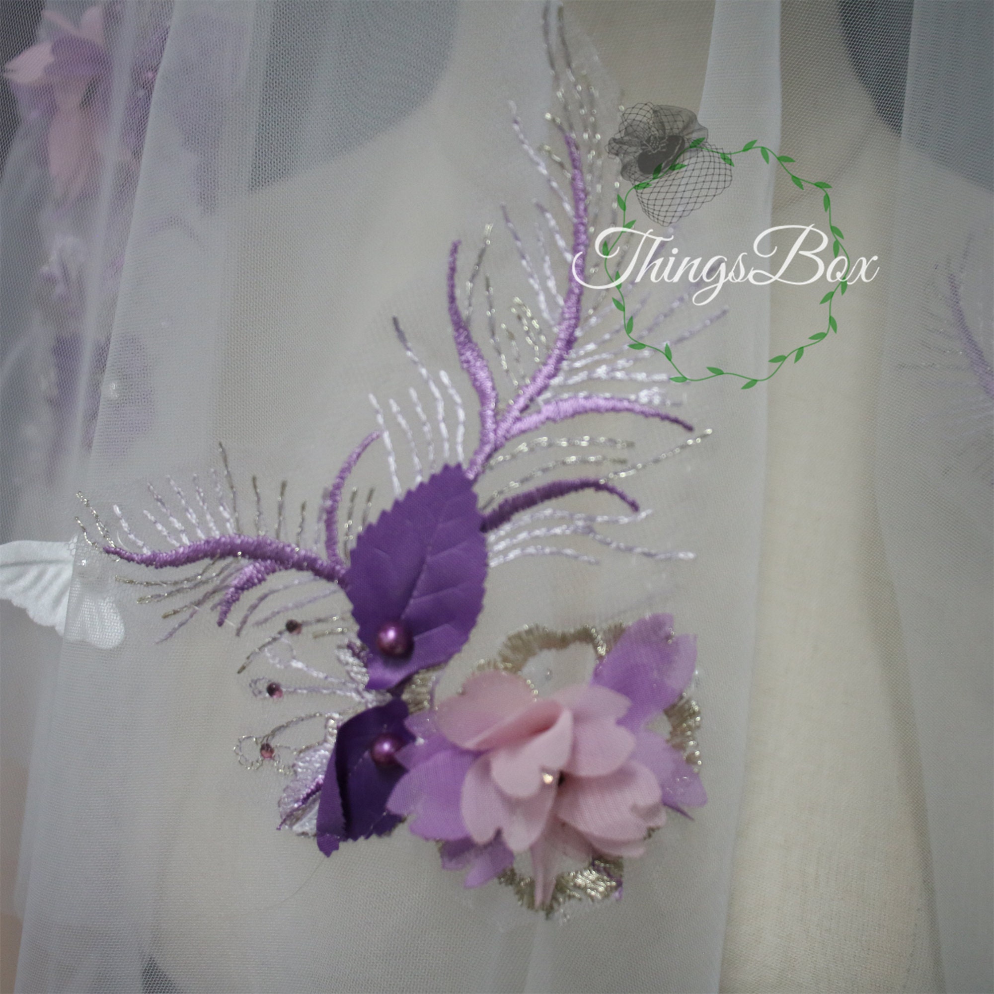 Purple Flowers Lace Short Wedding Veil, Crystal Pearl Tulle Veil Waltz ...