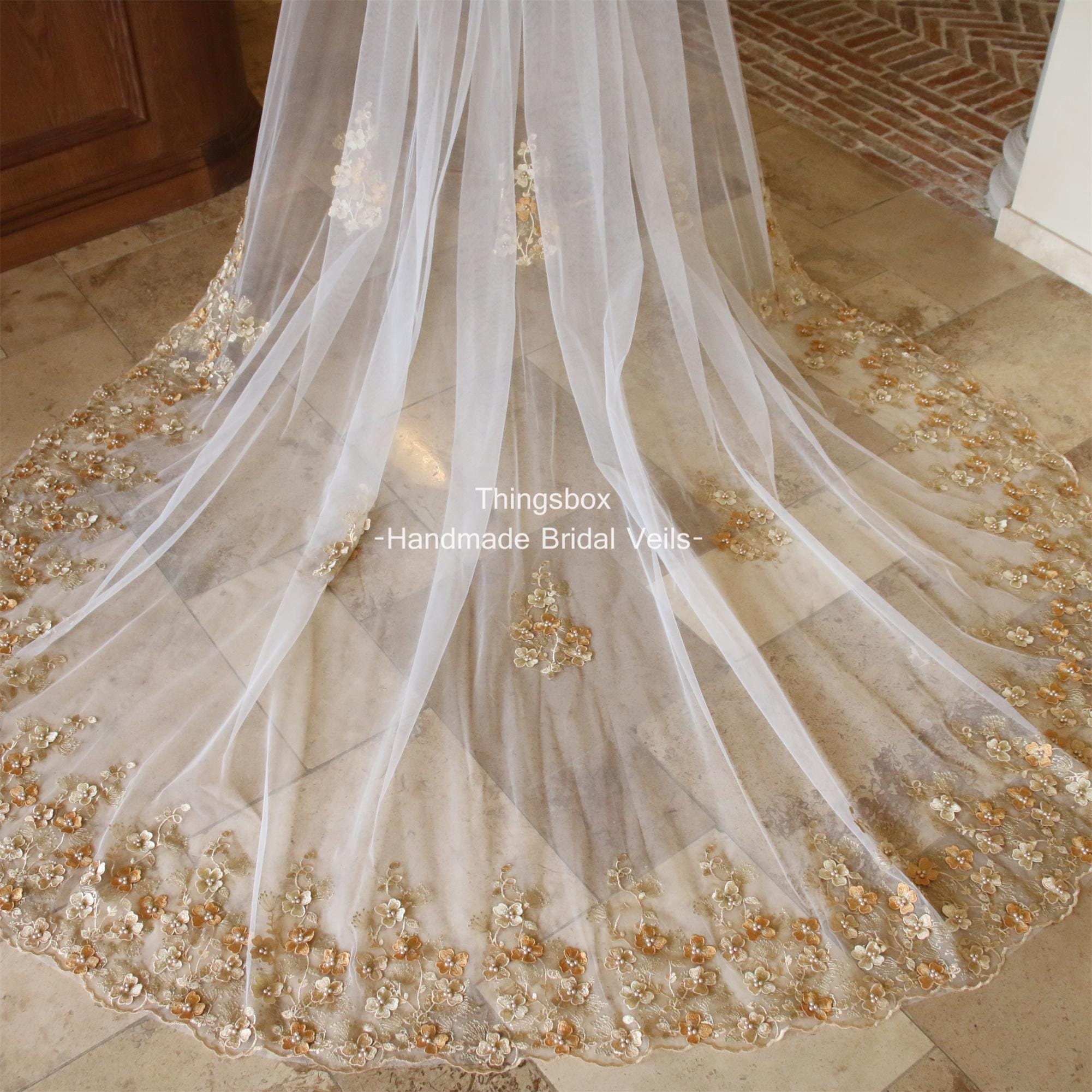 Glamorous Gold Flower Lace Bridal Wedding Veil,cathedral Veil Vintage ...