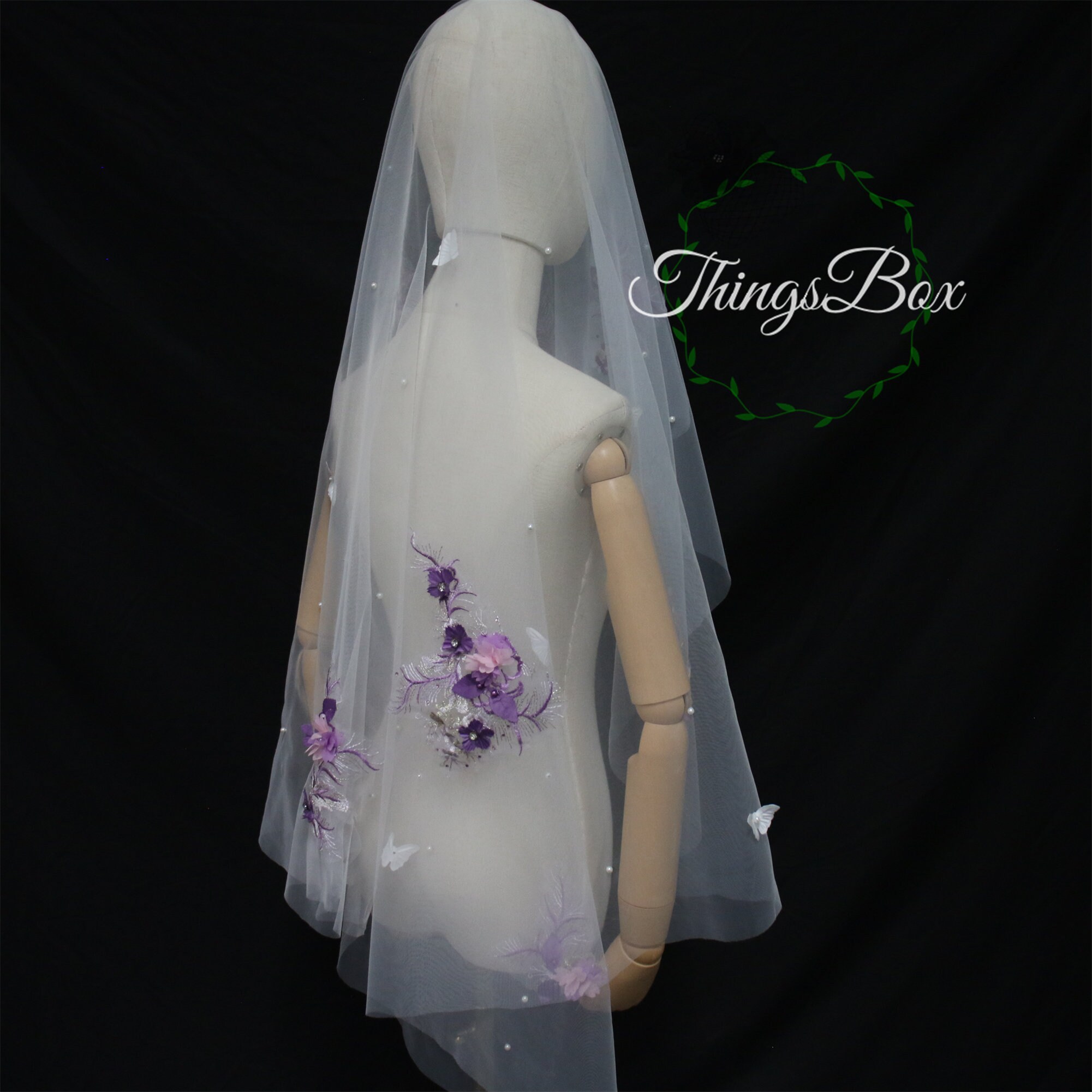 Purple Flowers Lace Short Wedding Veil, Crystal Pearl Tulle Veil Waltz ...