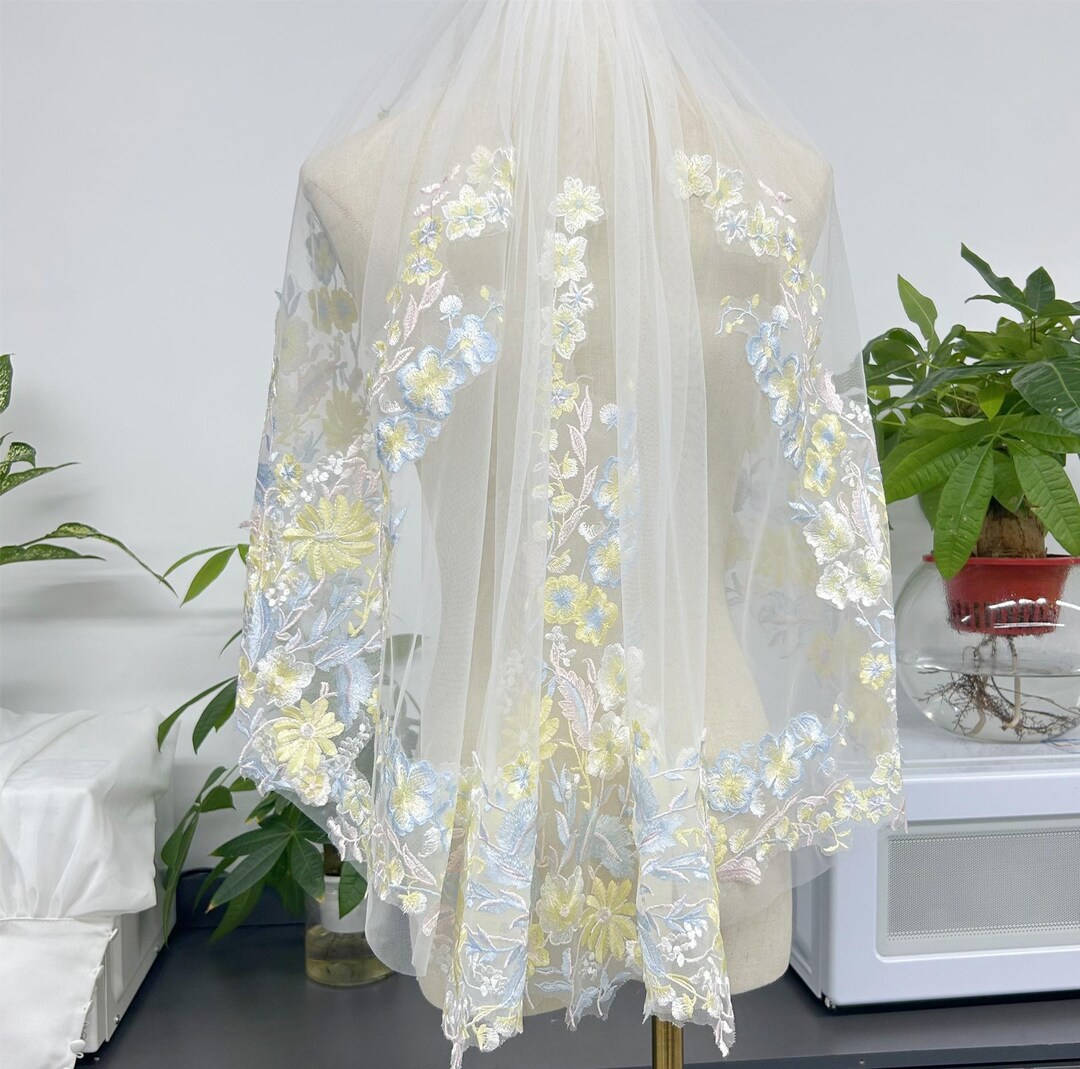 Light Blue Yellow Floral Lace Applique Wedding Veil, Tulle Bridal Veils ...