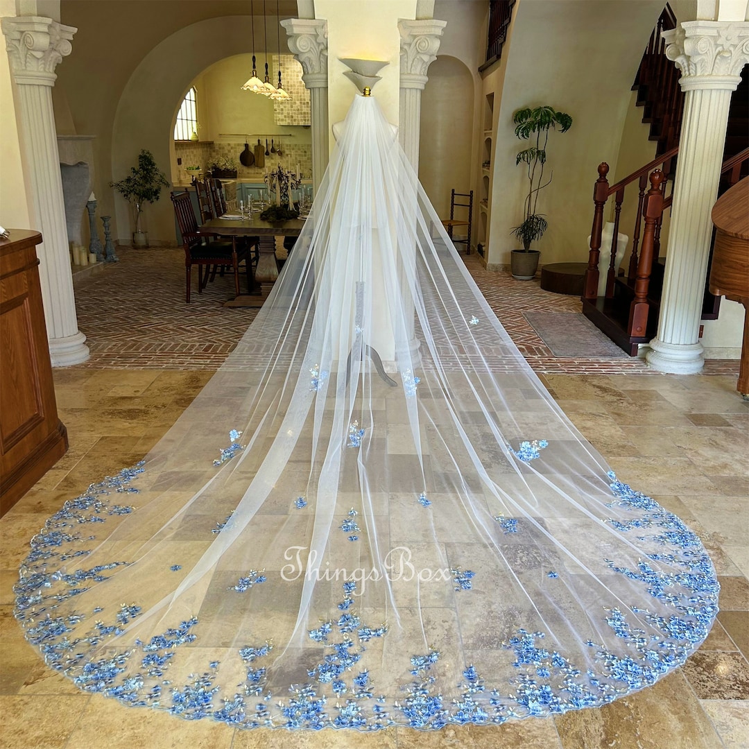 Blue Floral Lace Veil Bridal Veil Pearl Floral, Gold Embroidery Lace ...