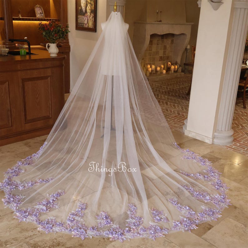Lavender Flower Lace Veil Rhinestone Crystal Veil Pearl Flowery Bridal ...