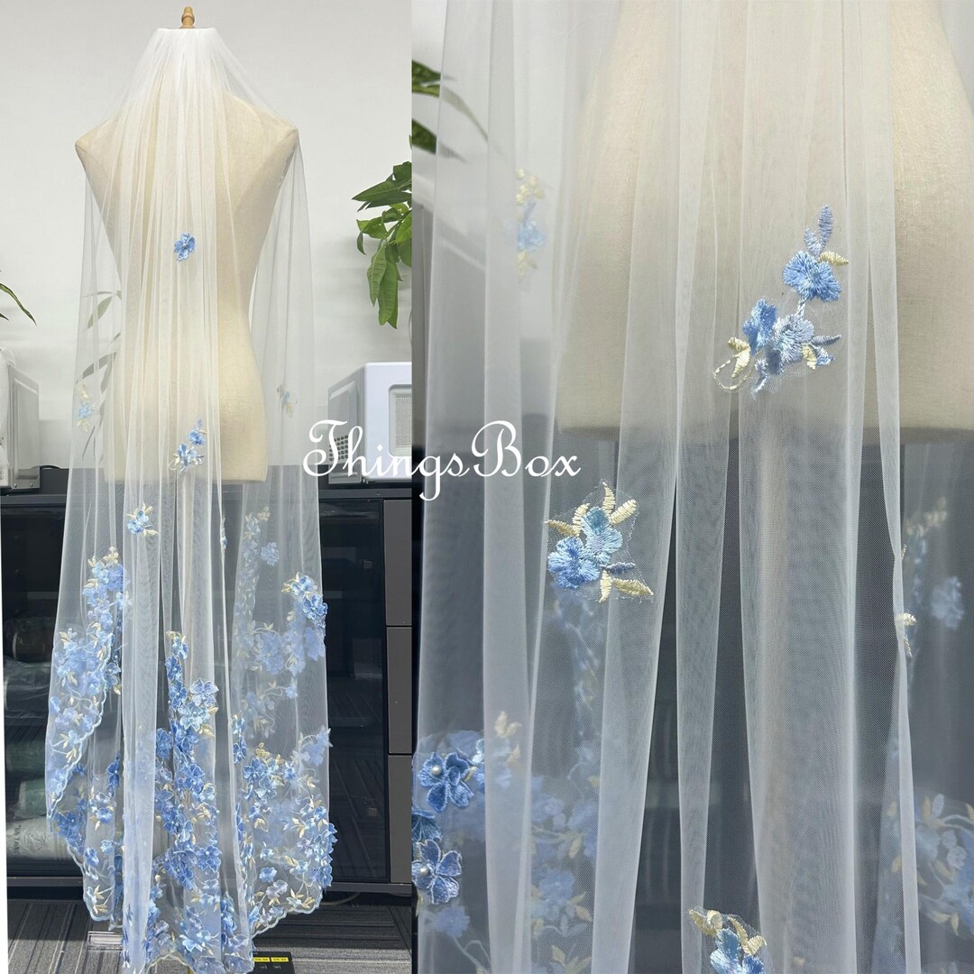 Blue Floral Lace Veil Bridal Veil Pearl Veil, Yellow+blue Embroidery ...