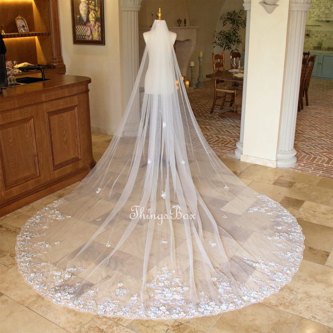Baby Blue/light Blue Floral Lace Veil Bridal Veil Pearl Floral ...