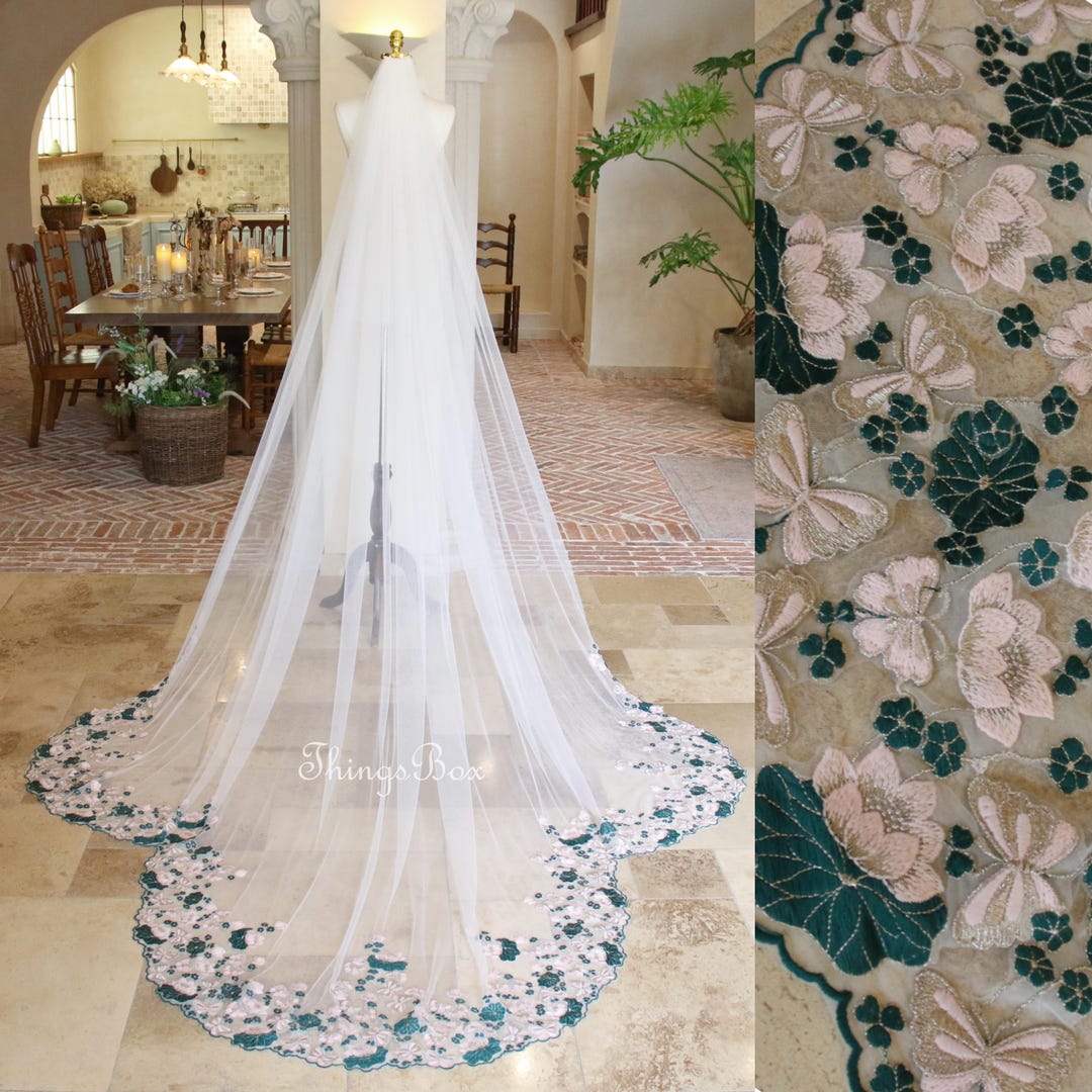 Dark Green+pink Lace Veil Mermaid Tail Veil Bridal Veil Butterfly Veil ...