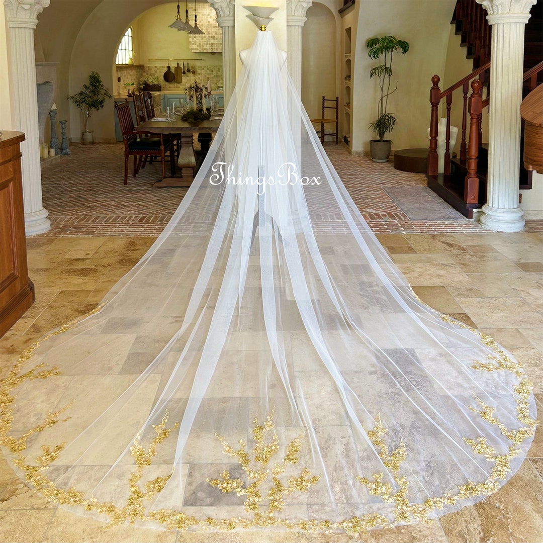 Gold Lace Veil Bridal Veil Pearl Floral, Gold Yellow Lace Wedding Veil ...