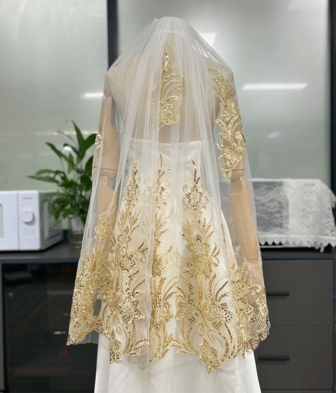 Gold Lace Applique Wedding Veil, Sequined Lace Bridal Veils, Gold Lace ...