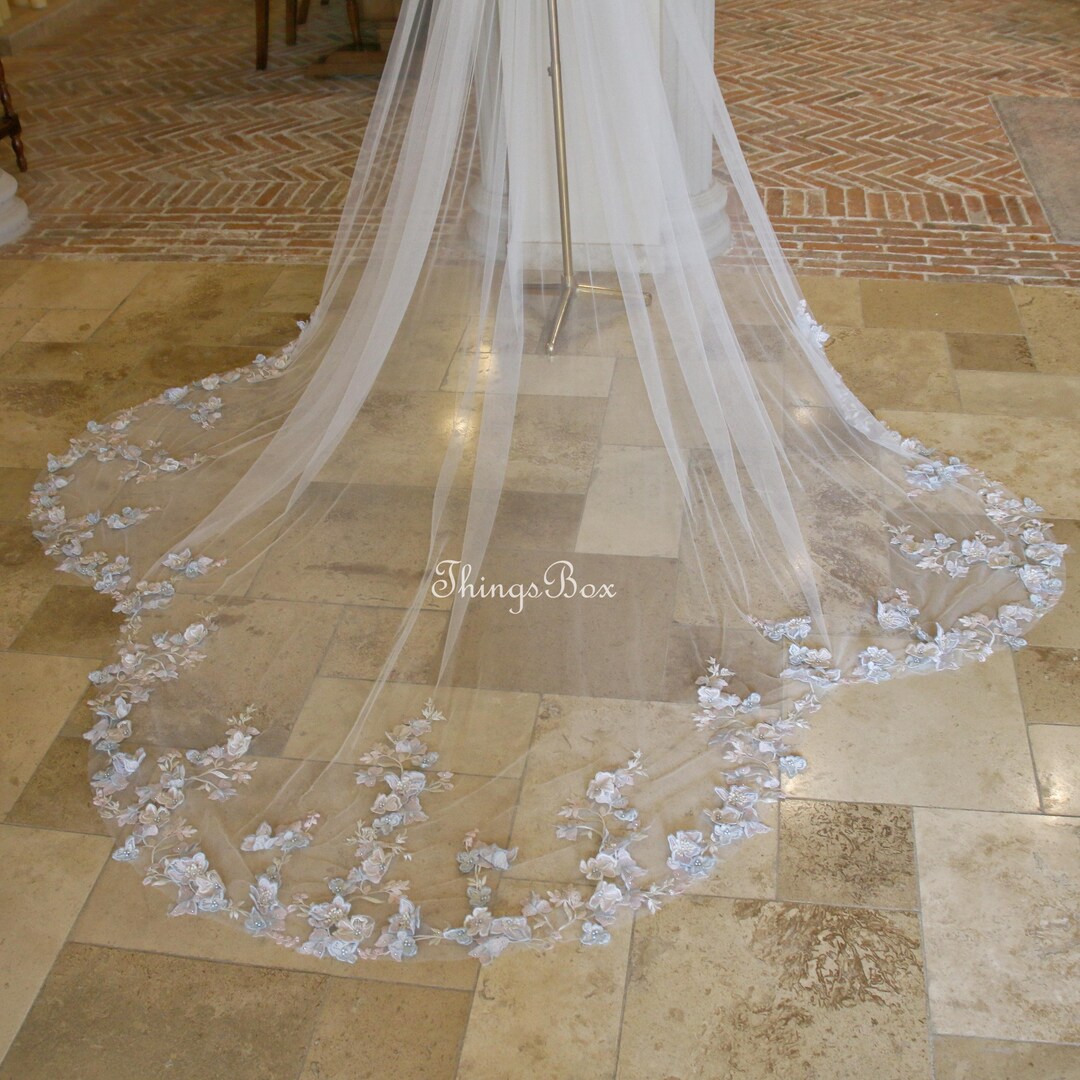 Light Blue Pink 3d Flower Veil Mermaid Tail Veil Bridal Veil With ...