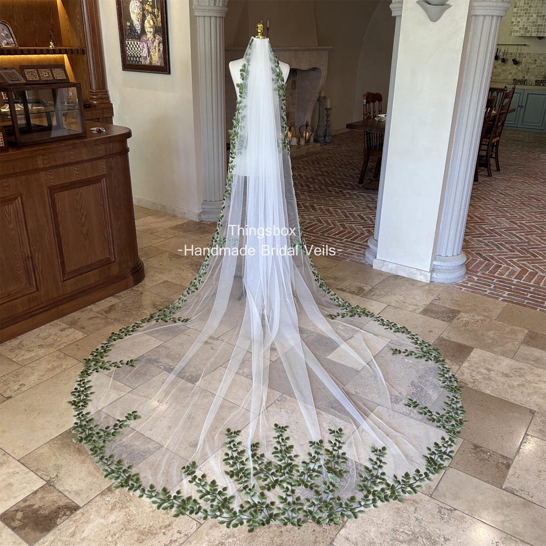 Green Leaf Lace Veil Long Round Bridal Veil Full Leaf Lace Trimming ...