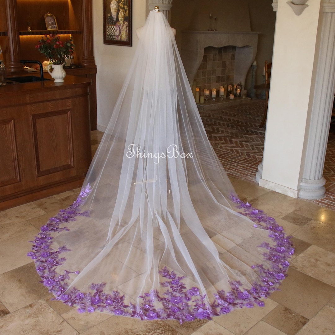 Dark Purple Floral Lace Veil Long Round Bridal Veil Pearl Lace Wedding ...
