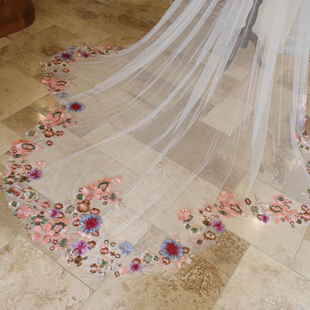 Pink Floral Lace Veil Colorful Mermaid Tail Veil Bridal Veil Flower ...