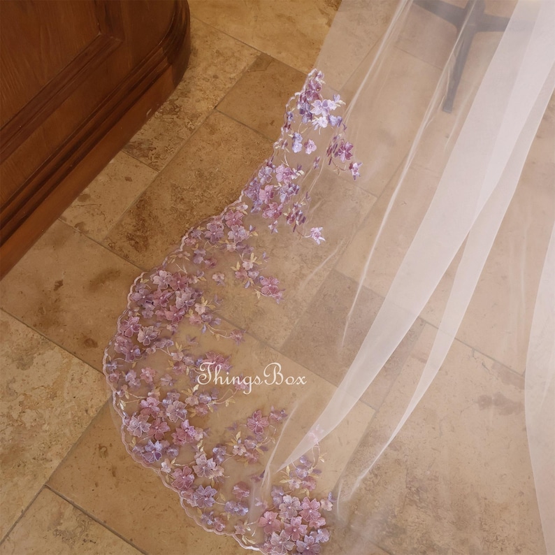 Metal Comb Veil Lavender Violet Flower Lace Wedding Veil Pearl Flowery ...