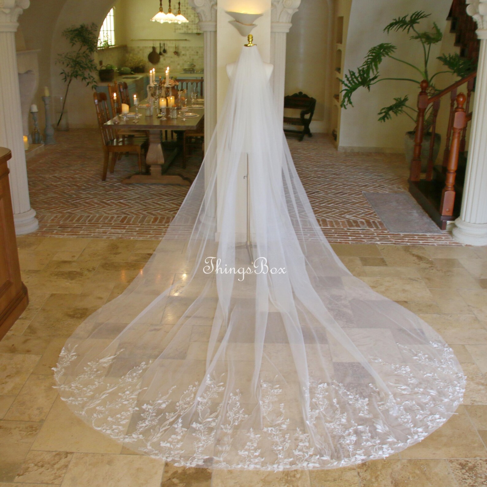 Plants Lace Wedding Veil With Embroidery Sheer Tulle Bridal Veil Chapel ...