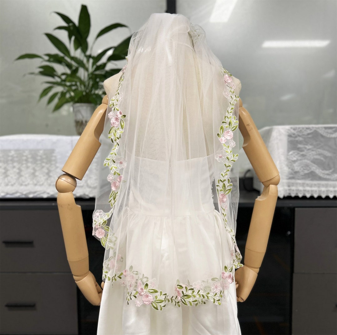 Green Leaves Lace Short Wedding Veil, Tulle Bridal Veils Short, Floral ...