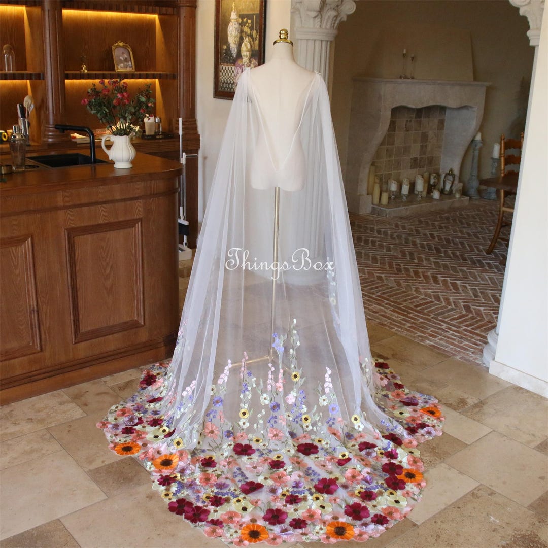 Colorful Flower Lace Tulle Wedding Cape Veil Shoulder Cape Veil, Soft ...