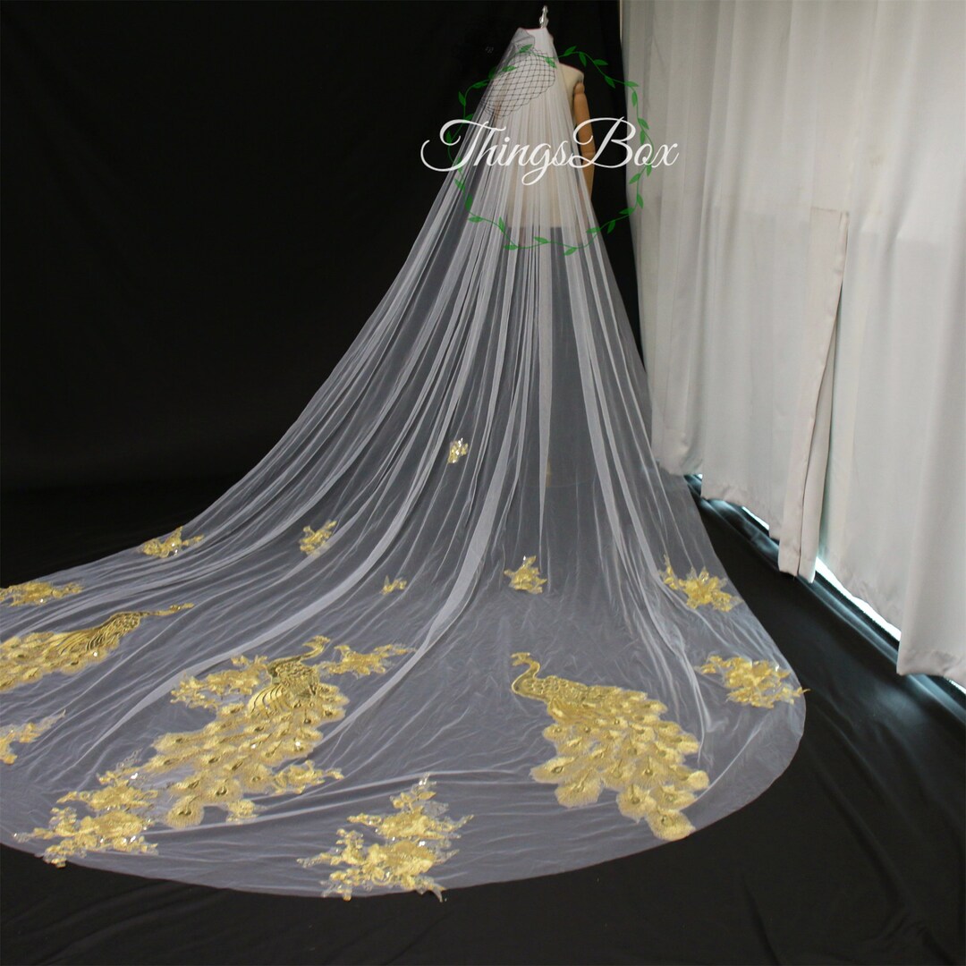 Golden Peacock Embroider Lace Wedding Veil Comb Veil, Phoenix Bridal ...