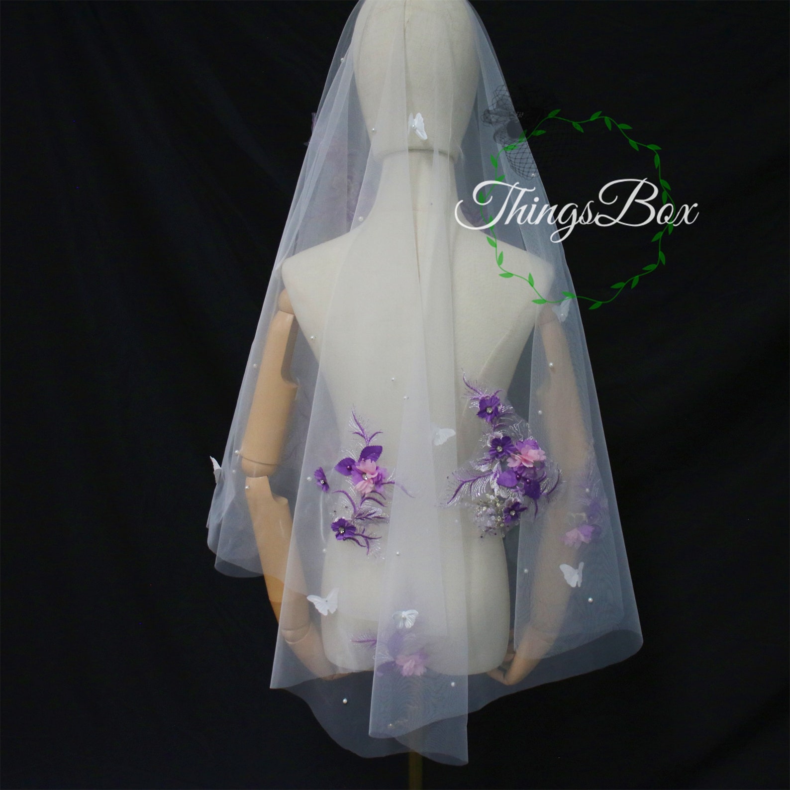 Purple Flowers Lace Short Wedding Veil, Crystal Pearl Tulle Veil Waltz ...