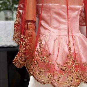 Red Tulle Wedding Veil With Gold Lace Applique, Sequined Lace Bridal ...