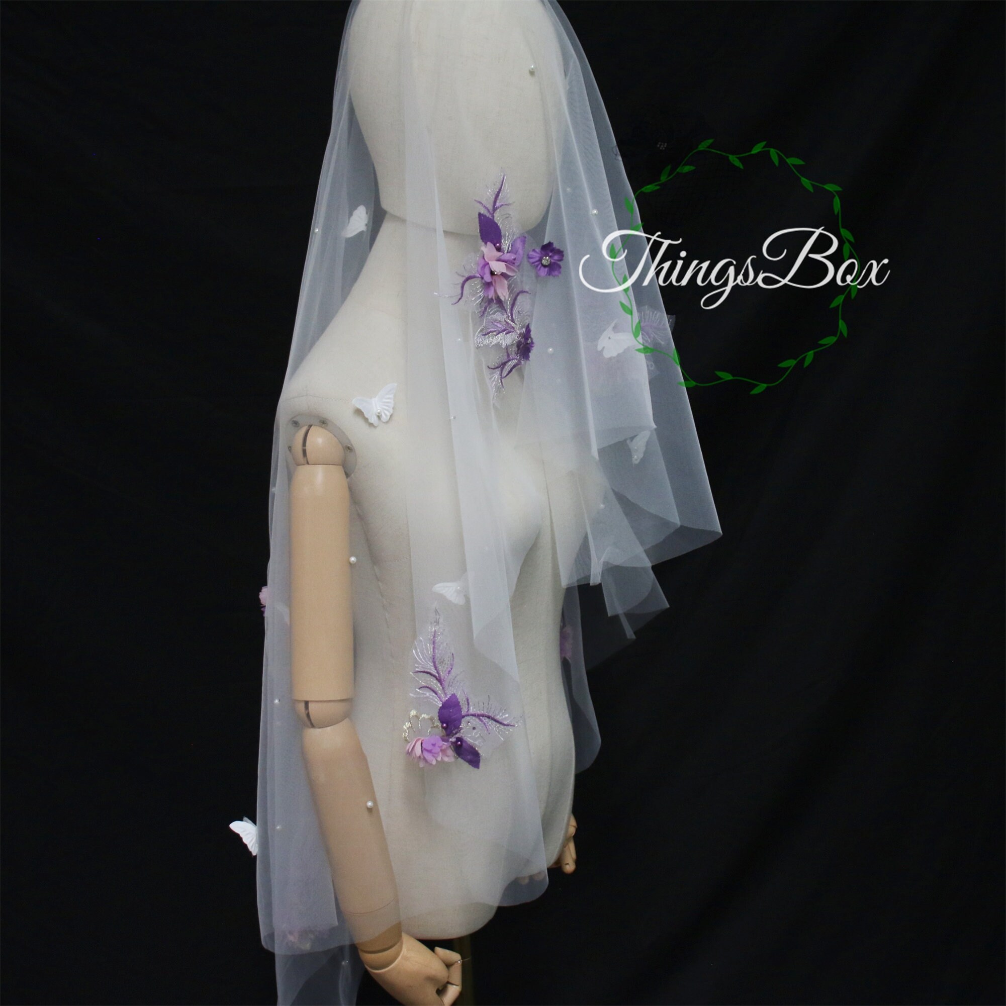 Purple Flowers Lace Short Wedding Veil, Crystal Pearl Tulle Veil Waltz ...