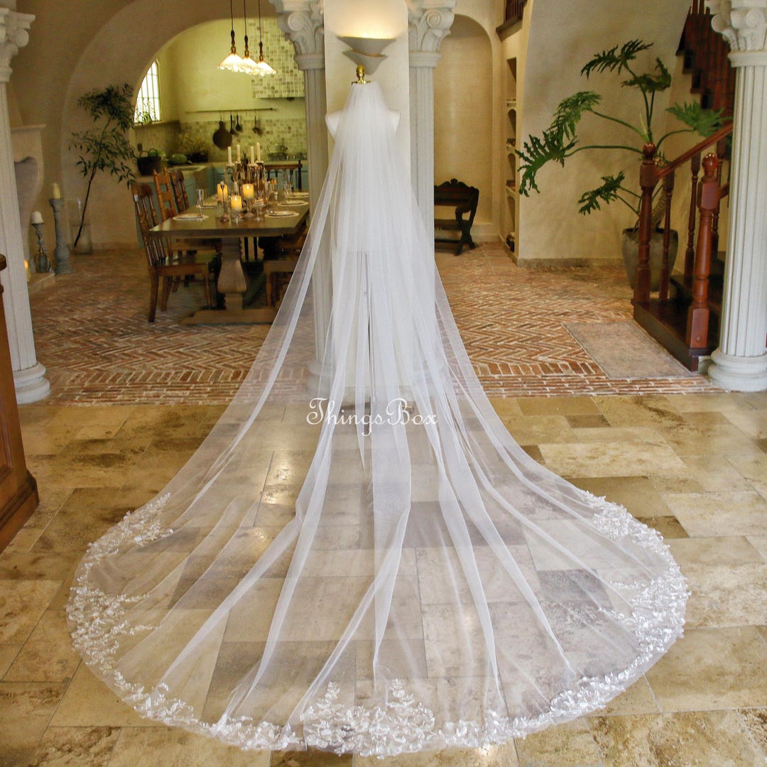 Delicate Floral Lace Bridal Veil Leaves Pattern Veil, Ivory Sheer Tulle ...