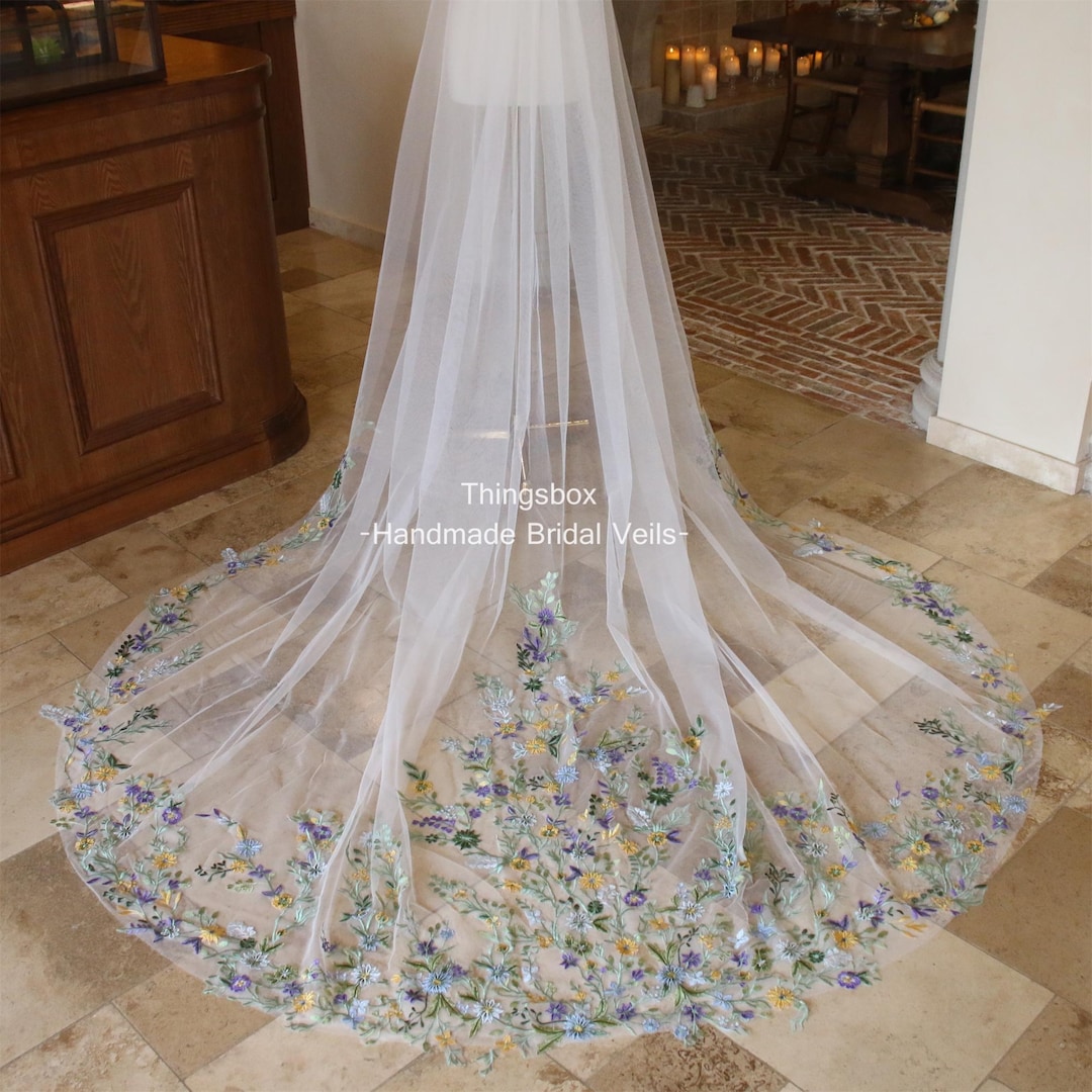 Colorful Blue Lace Wedding Veil, Lace Trim Bridal Veil, Delicate ...