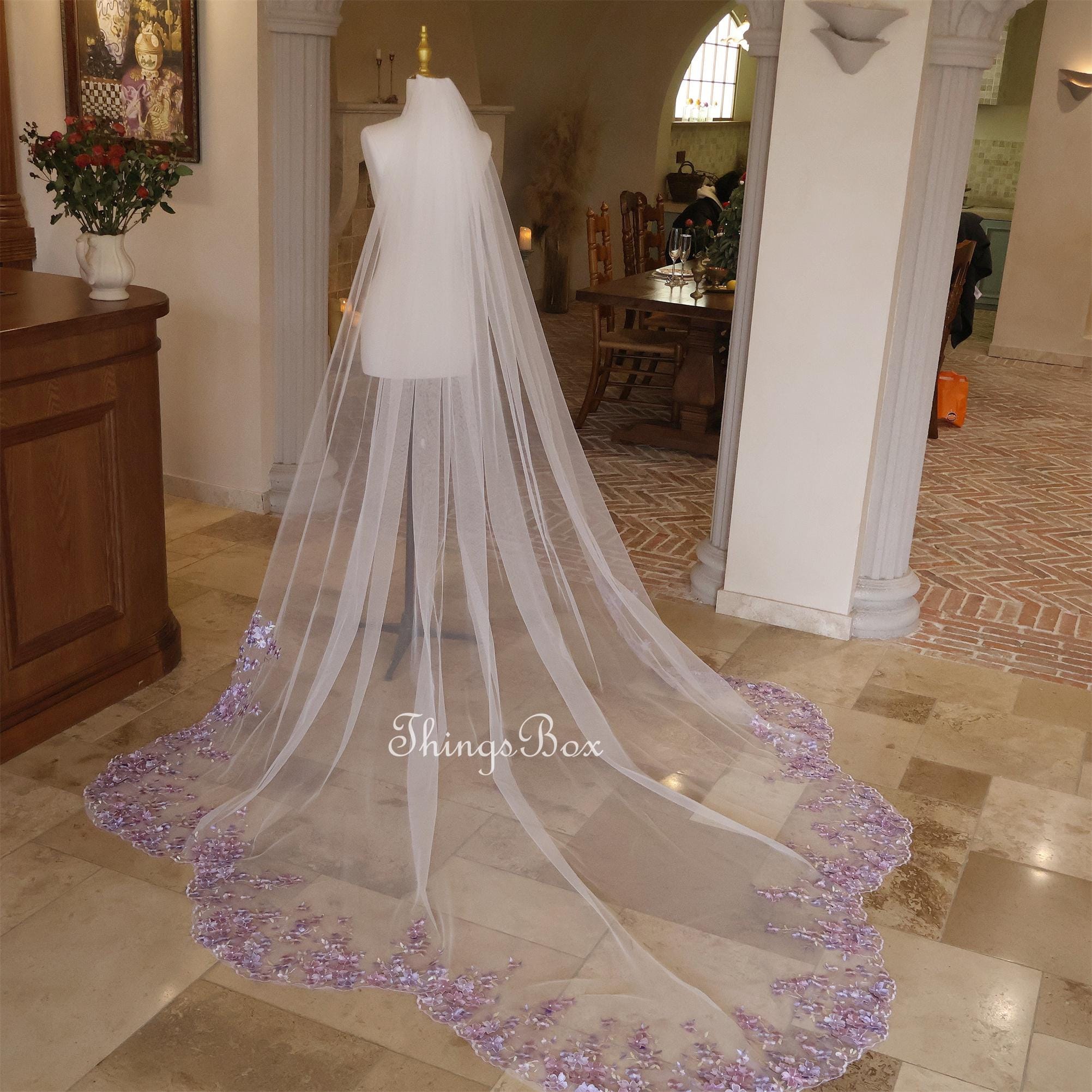 Metal Comb Veil Lavender Violet Flower Lace Wedding Veil Pearl Flowery ...