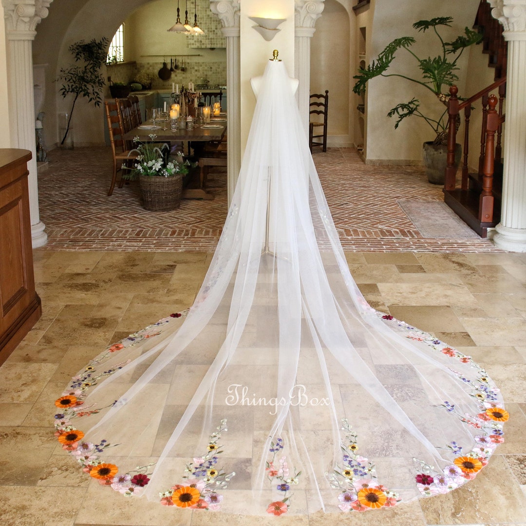 Colorful Sunflower Floral Lace Veil Long Round Bridal Veil Lace Wedding ...